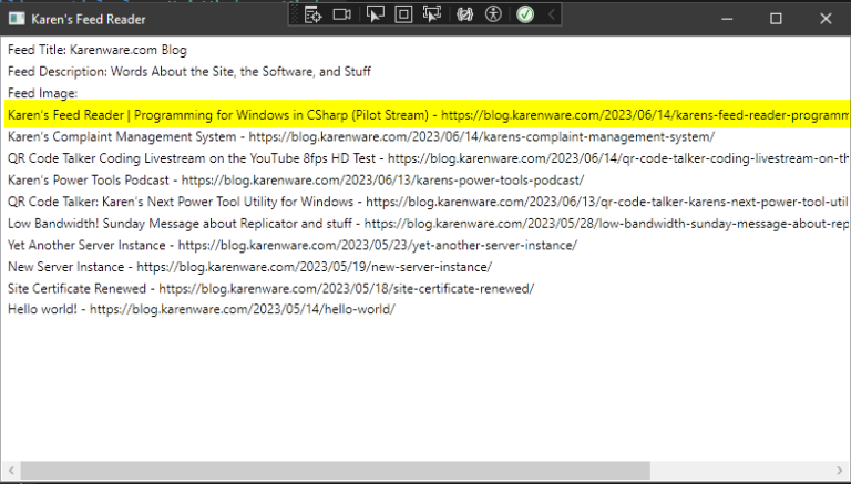 Karen’s Feed Reader | Programming for Windows in CSharp (Pilot Stream) – Karenware.com Blog